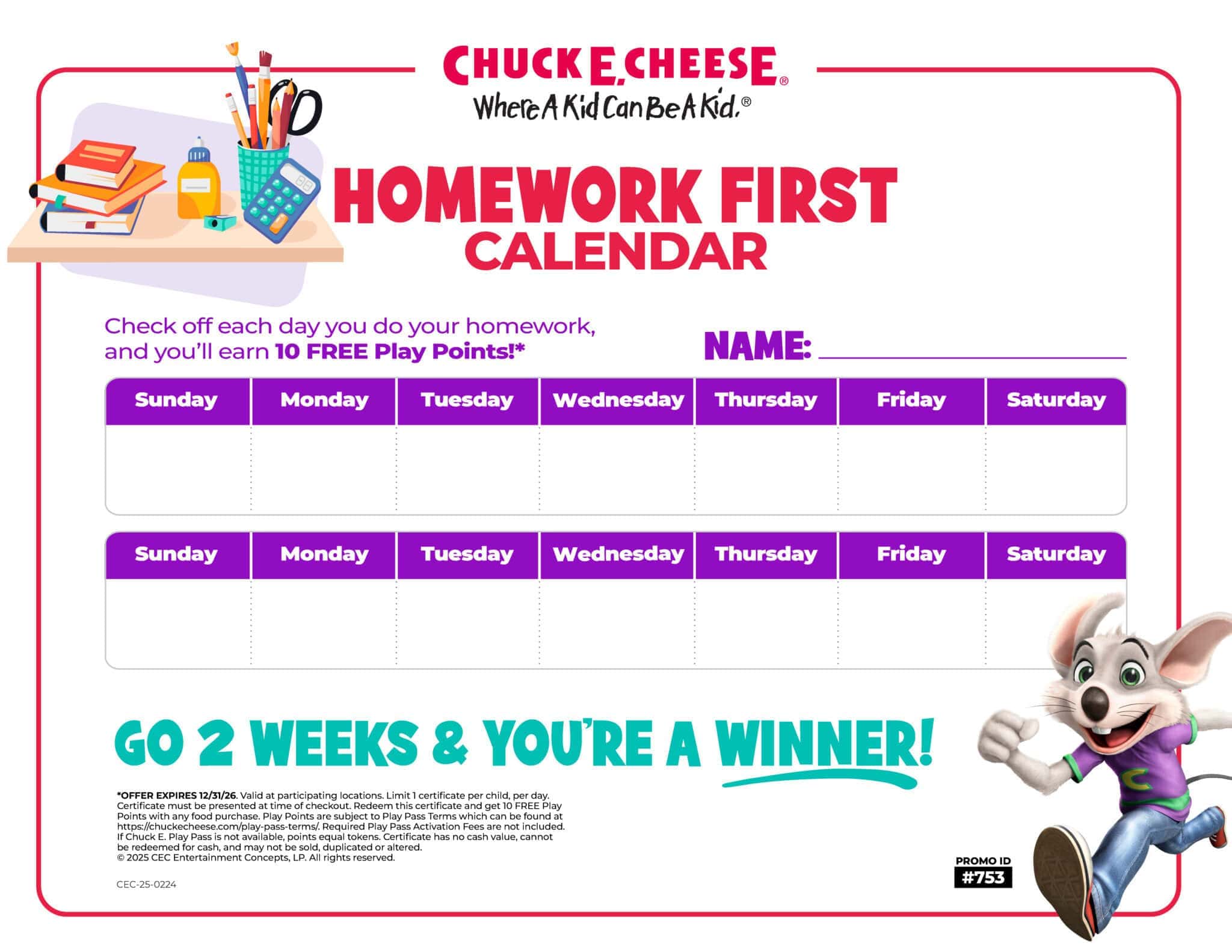 Free Homework First Calendar For Kids | Chuck E. Cheese