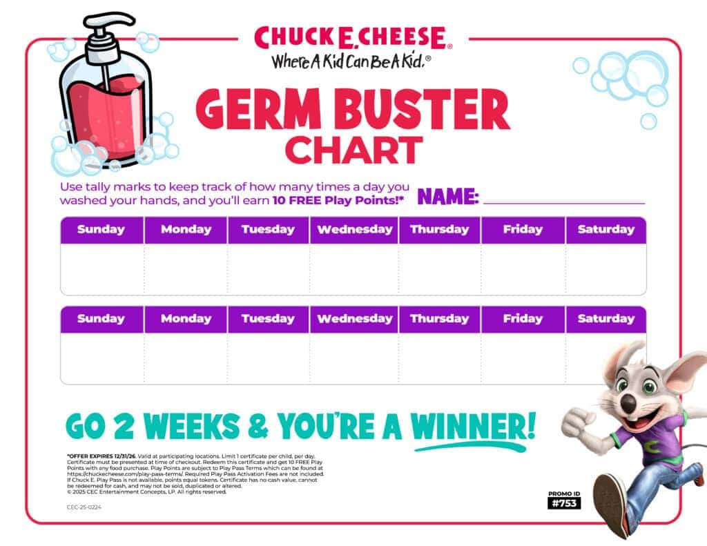 Free Handwashing Germ Buster Chart For Kids | Chuck E. Cheese