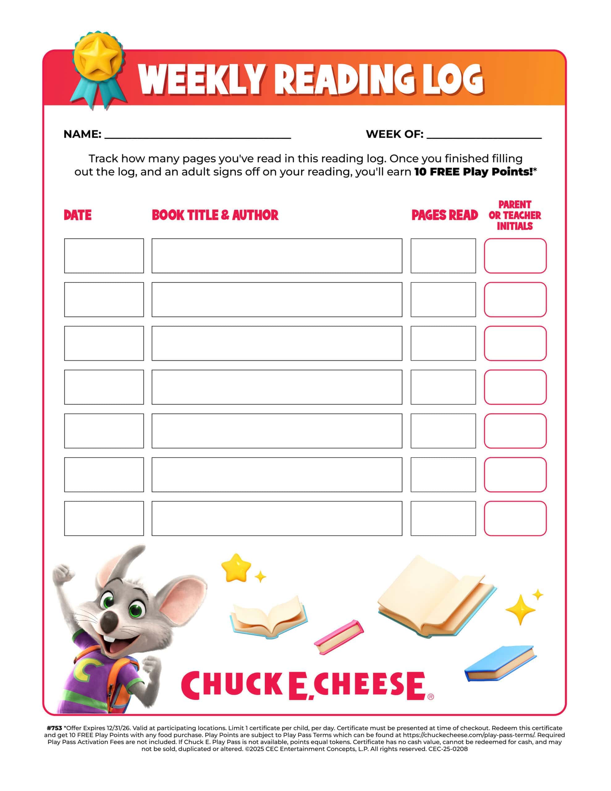 Free Weekly Reading Log Printable For Kids | Chuck E. Cheese
